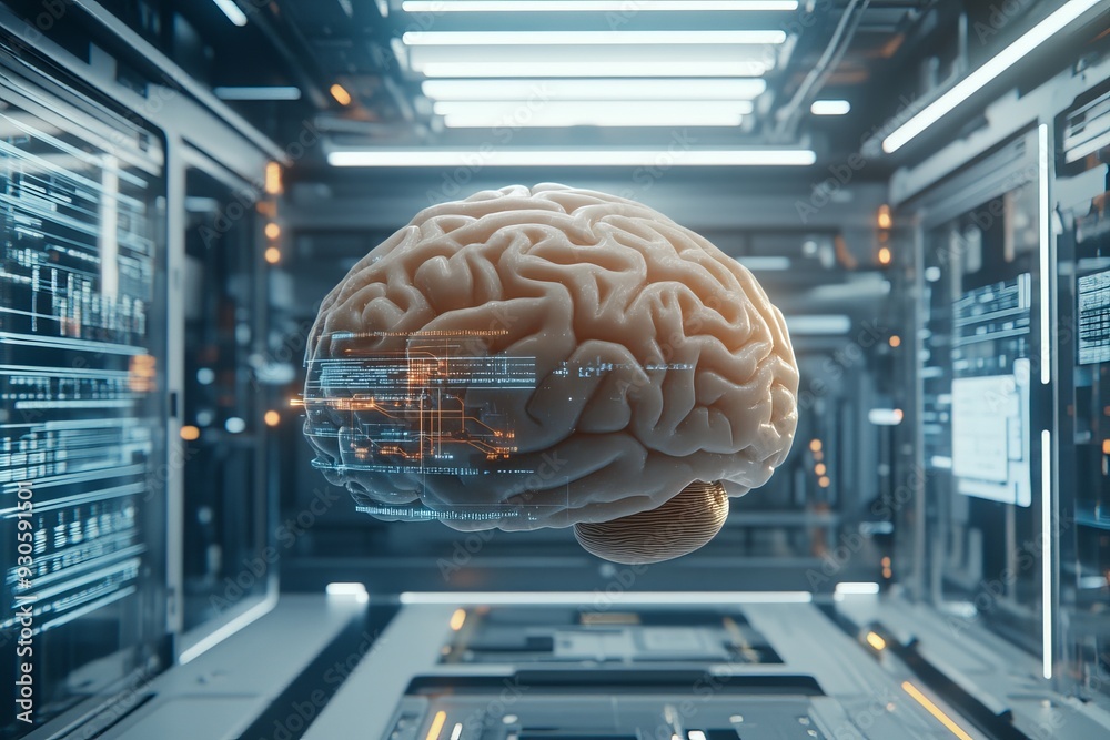 A realistic 3D brain model floating in a futuristic data center representing artificial ...