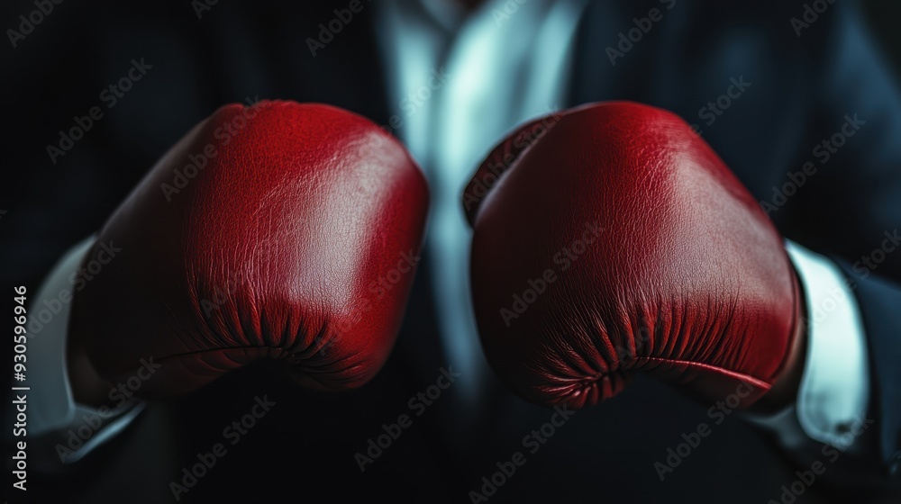 A focused close-up image captures red boxing gloves worn by an ...
