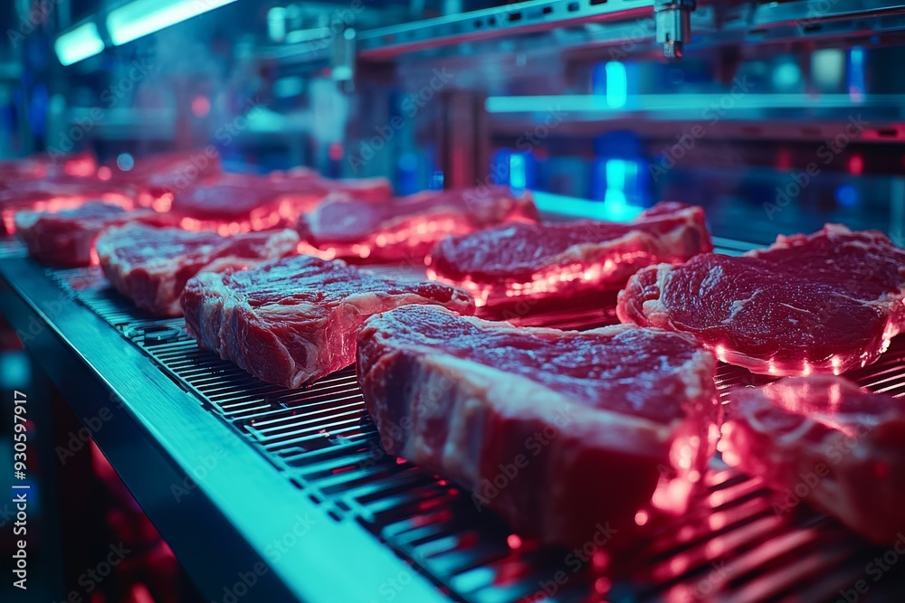 High tech meat processing line with rows of fresh steaks symbolizing ...