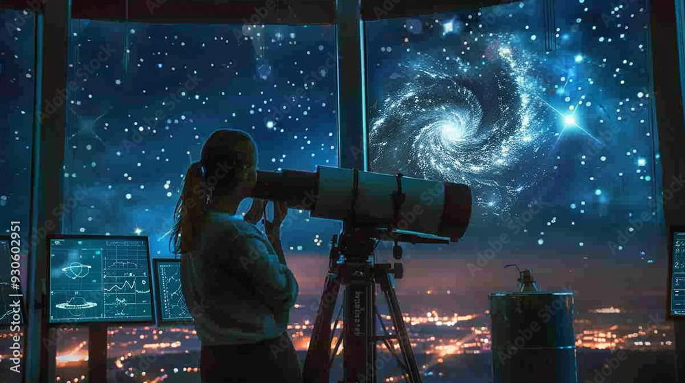 A dedicated woman in her 30s, observing the night sky through a high ...