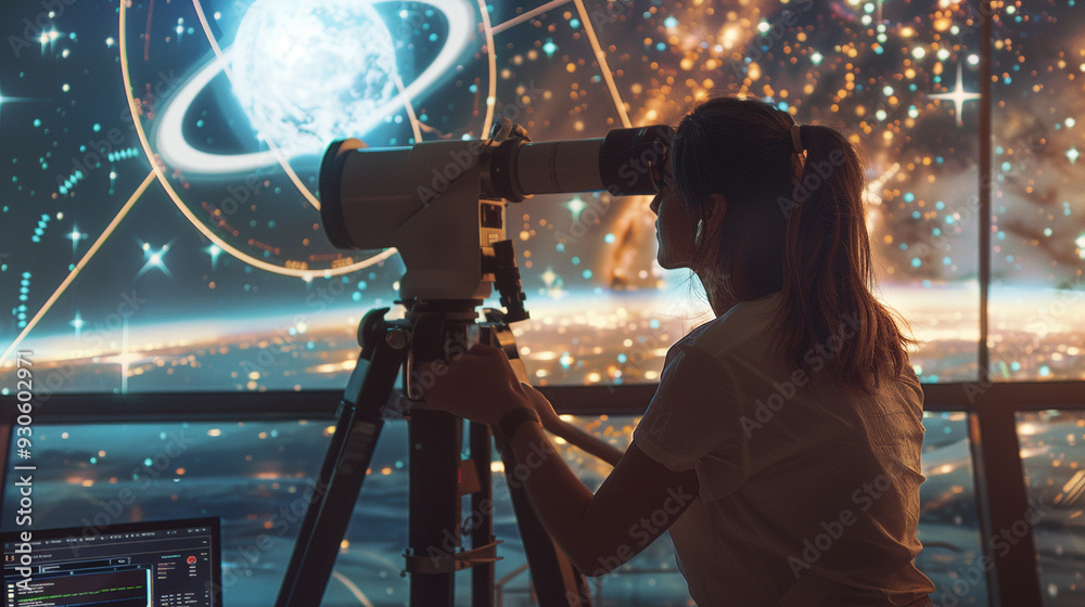 A dedicated woman in her 30s, observing the night sky through a high ...