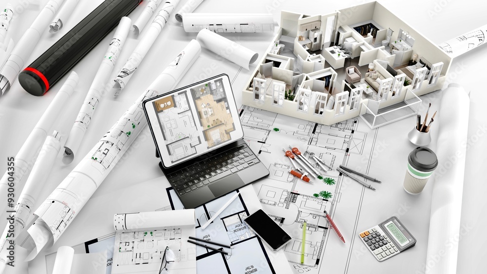 3D rendering of a apartment architectural model with blueprints ...