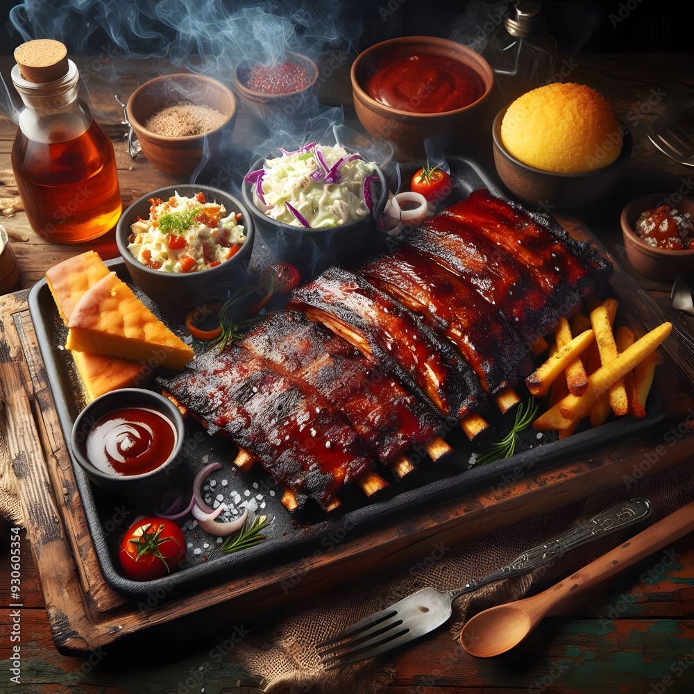 n image of a sizzling, smoky BBQ ribs platter with cornbread and ...