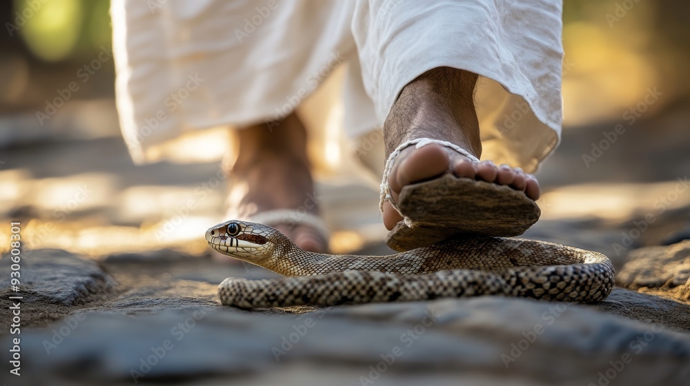 Biblical symbol man in white robe, jesus conquers serpent, alludes to ...