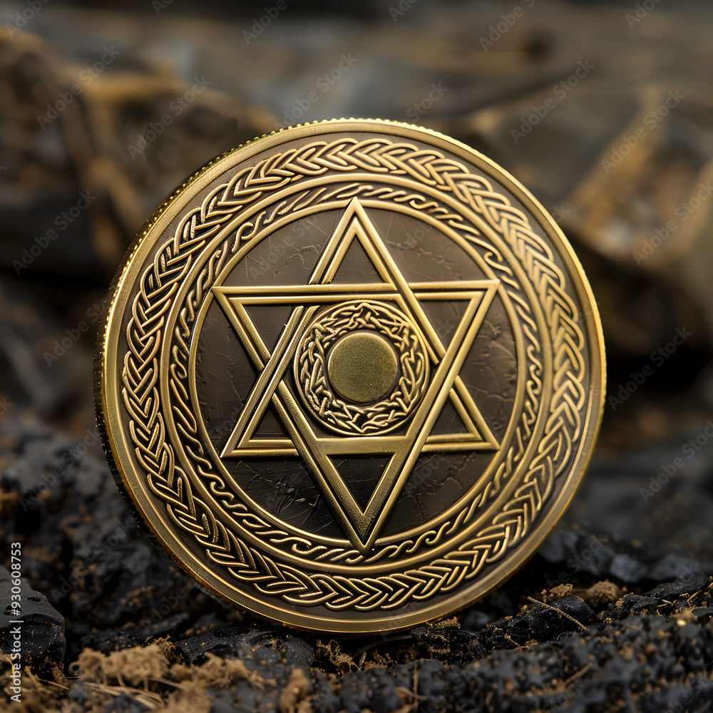 An ancient gold coin with the Star of David on a textured background ...