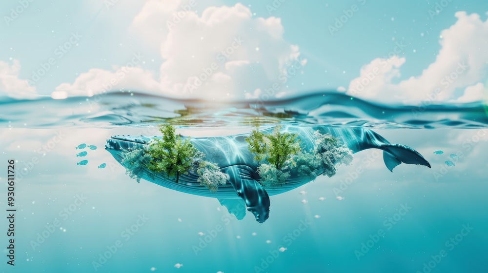 Stunning double exposure of whales swimming amidst underwater seascapes ...