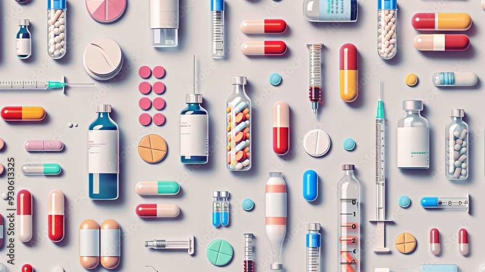 Medicine and pharmacology are represented by a variety of tablets ...