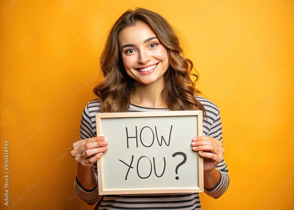 A smiling friend holds a whiteboard with a handwritten question mark ...