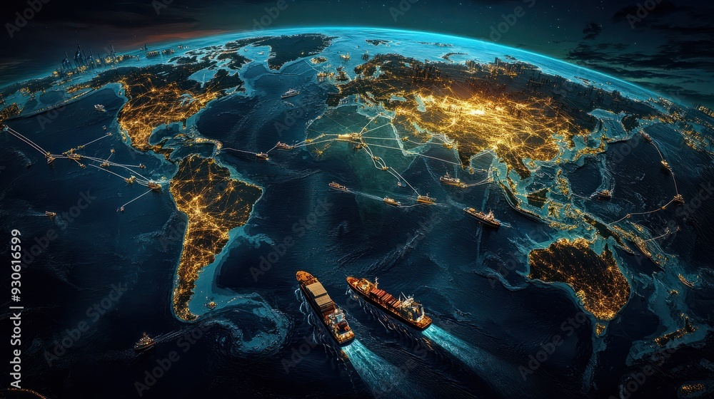 Illustrated Global Maritime Trade Routes Map,A stylized illustration of ...