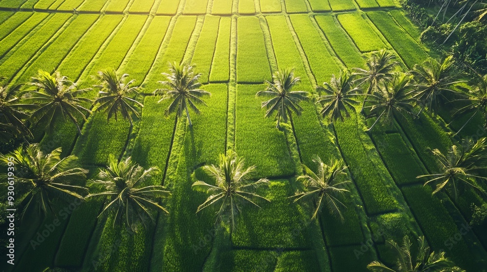 Aerial view of a vibrant green rice field surrounded by sugar palm ...