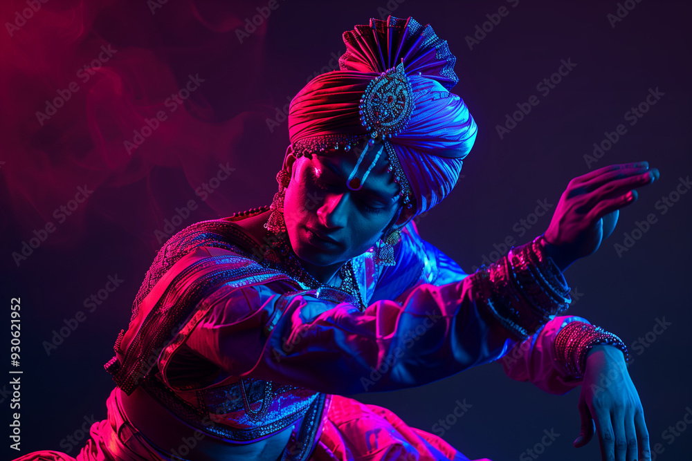 An Indian male performer in traditional clothing with a turban or head ...