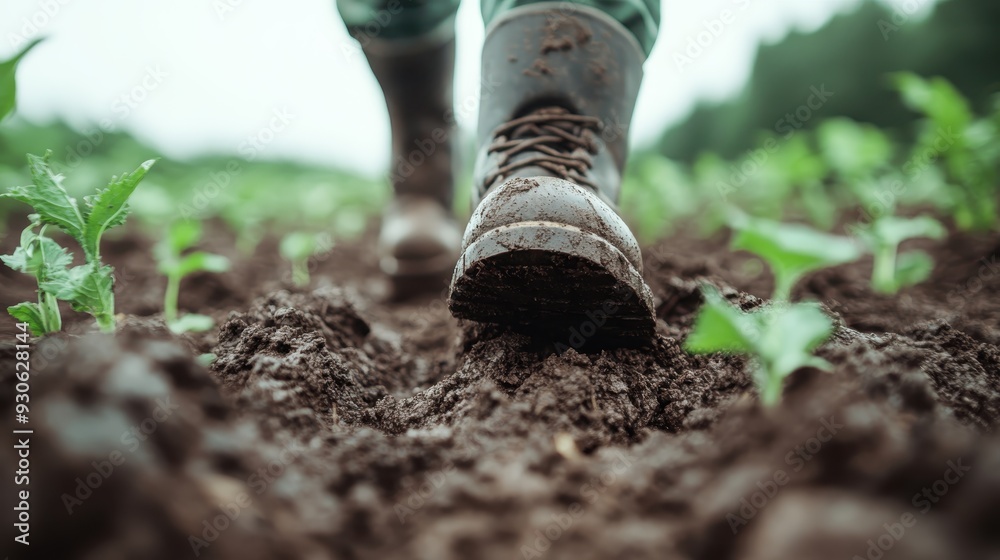 A close-up image of mud-covered boots trudging through a wet and muddy ...