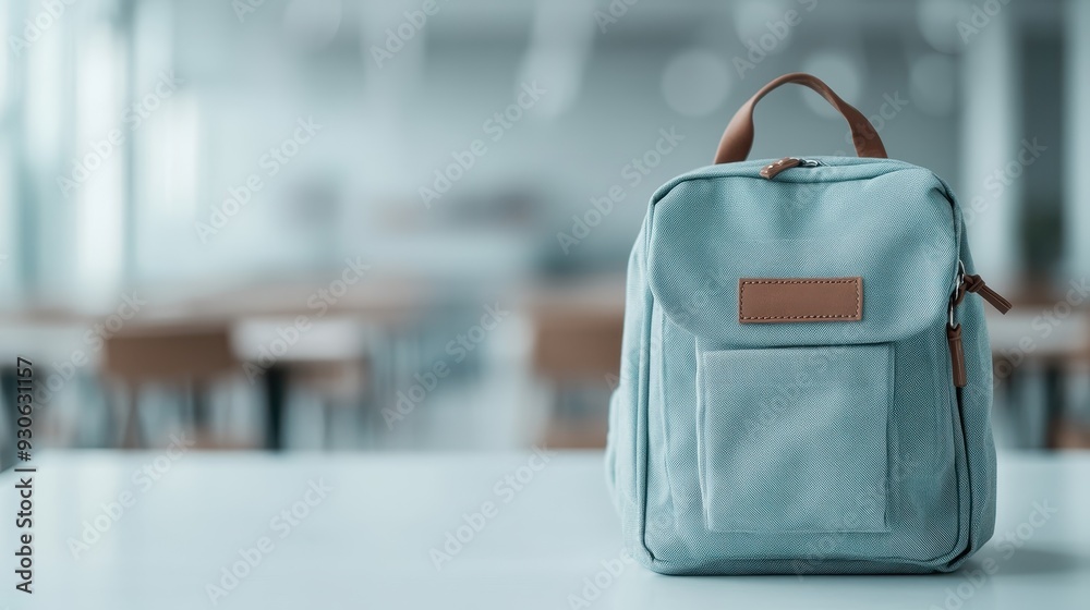 A light blue backpack with a front pocket and brown accents sits ...