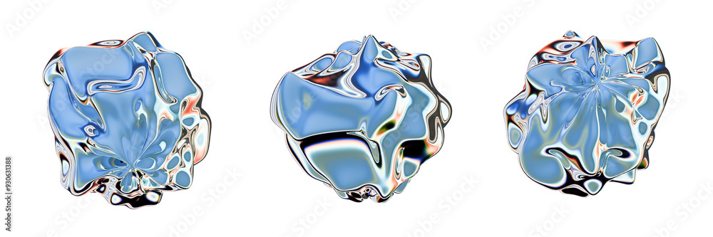 3D chrome orb icon set, melted mercury surreal wavy shape, liquid ...