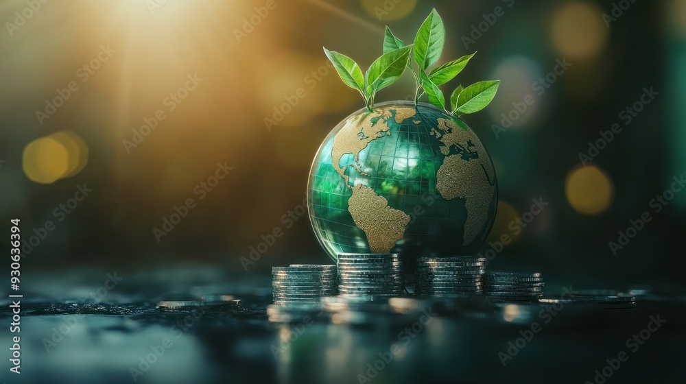 green globe with world map and stack of silver coins the seedlings are ...