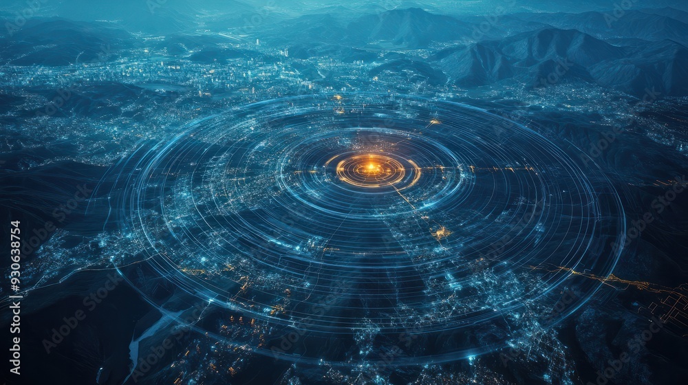 Using digital radar to map terrain, communication technology concept ...