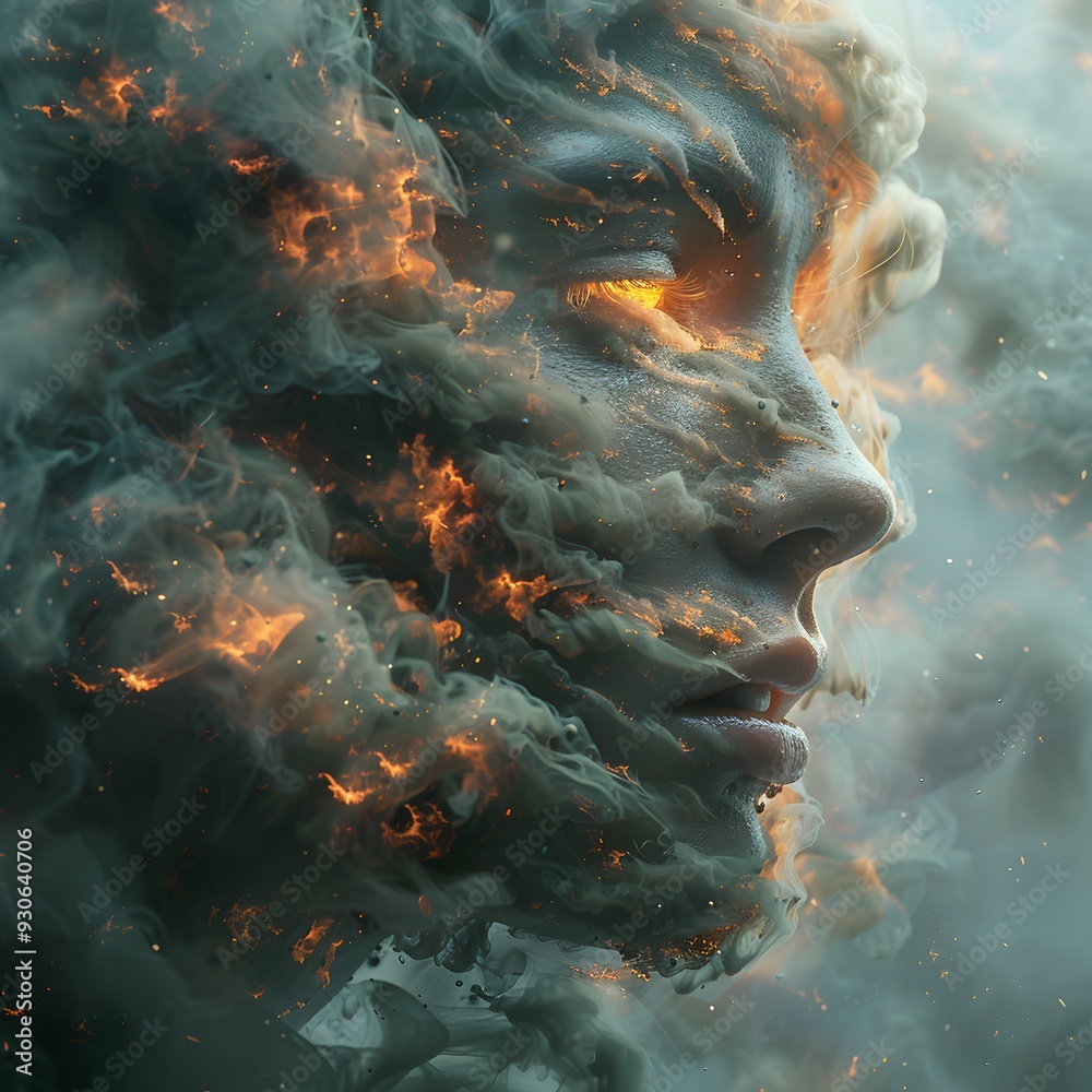 A woman's face is distorted by smoke and fire, creating a surreal and ...