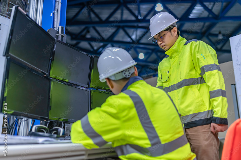 Inside the large Industry Factory Male Computer Engineer Works on ...