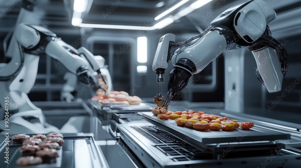 High-tech robotic arms processing and quality-checking food items in a ...