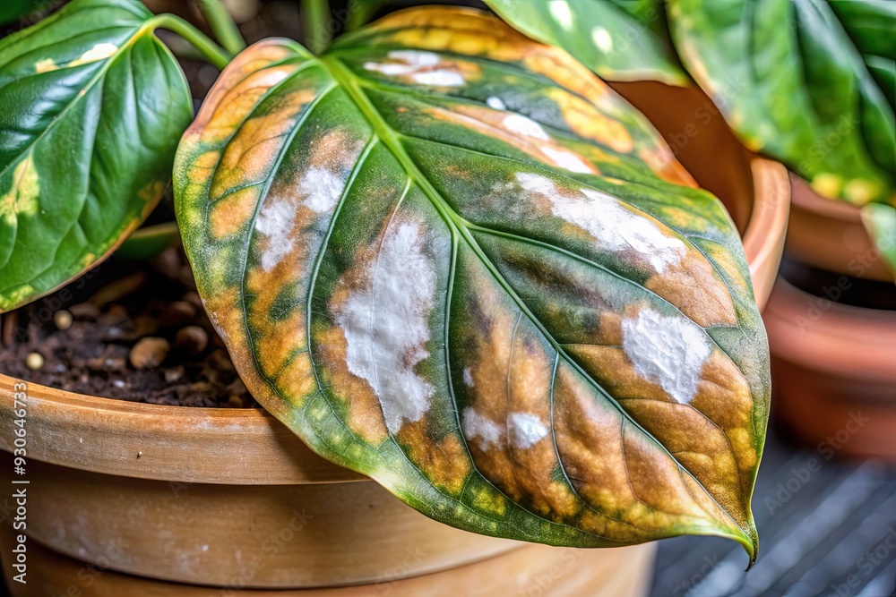 Close-up of a wilted, yellowish leaf with brown spots and fuzzy white ...