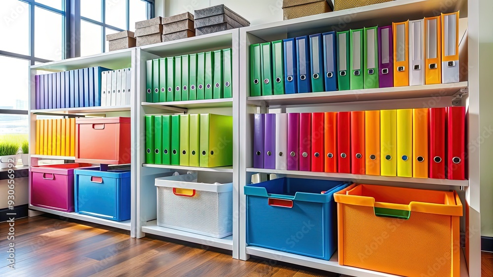 Colorful plastic file boxes and folders organized on a shelf, with ...