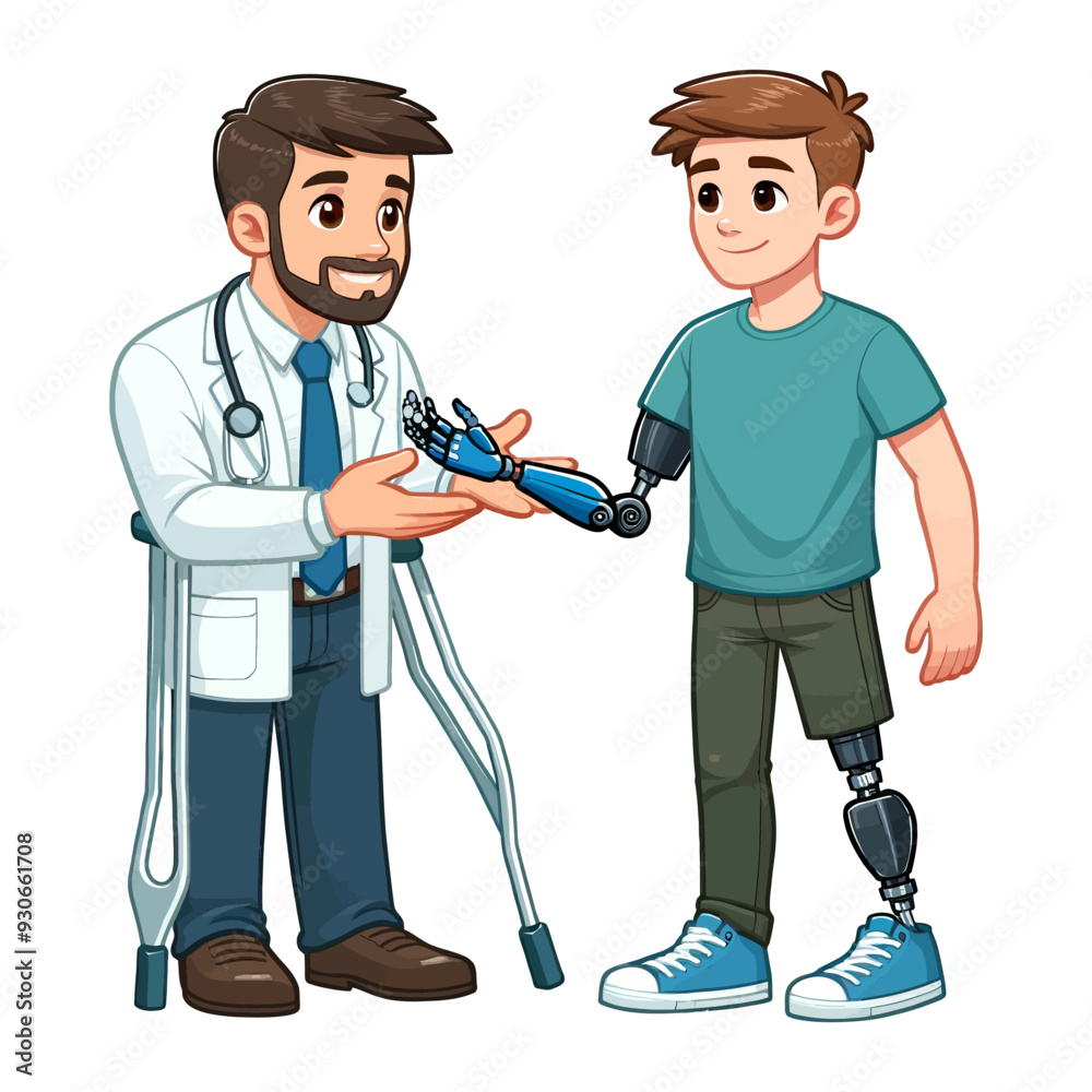 Vector illustration of a doctor giving a prosthetic arm to a boy with ...