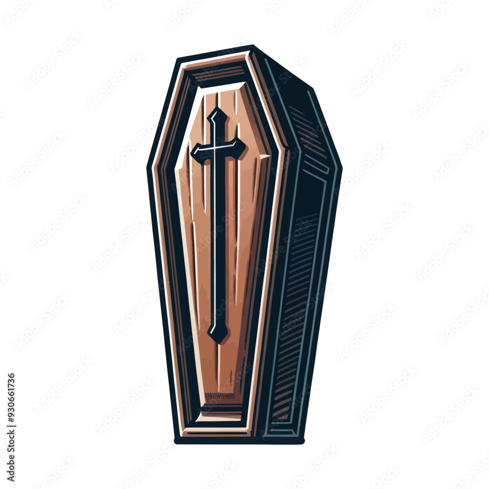 Vector illustration of an upright wooden coffin with a cross on the lid ...