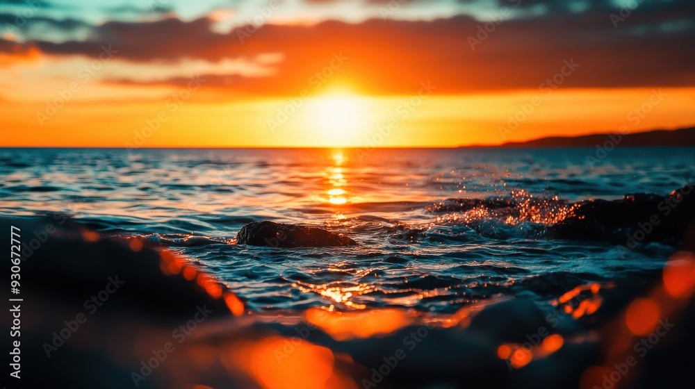 Beautiful sunset over the sea, with the sun dipping below the horizon ...