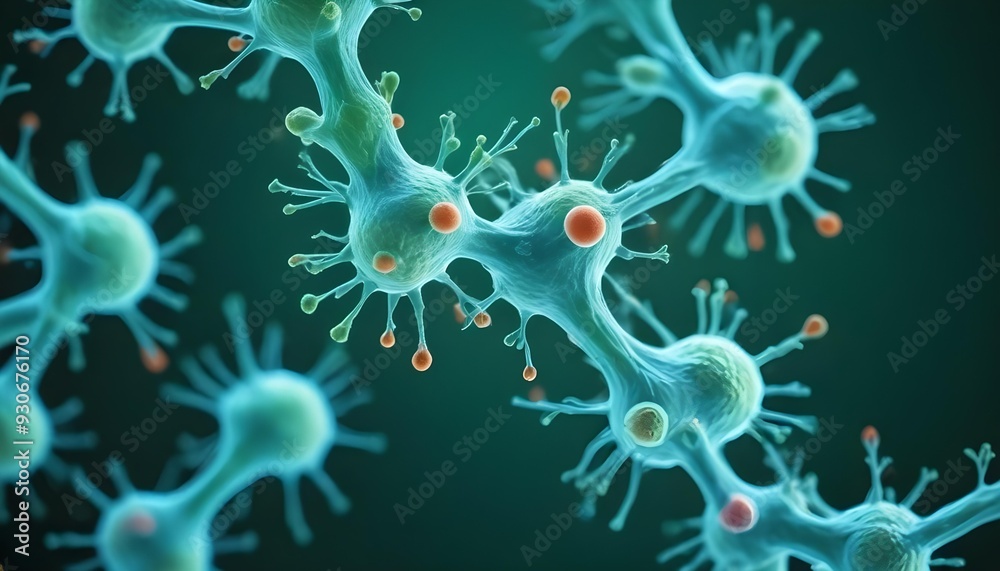 Microscopic view of virus cells, with spherical structures and spikes ...