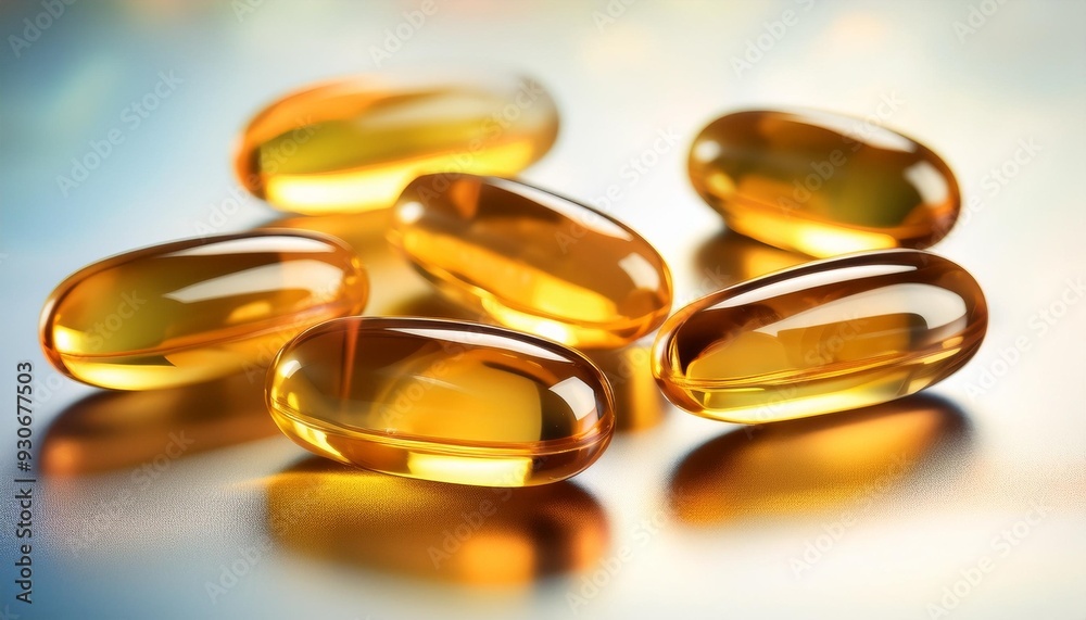 five omega 3 fish oil softgel capsules on a surface commonly used for ...