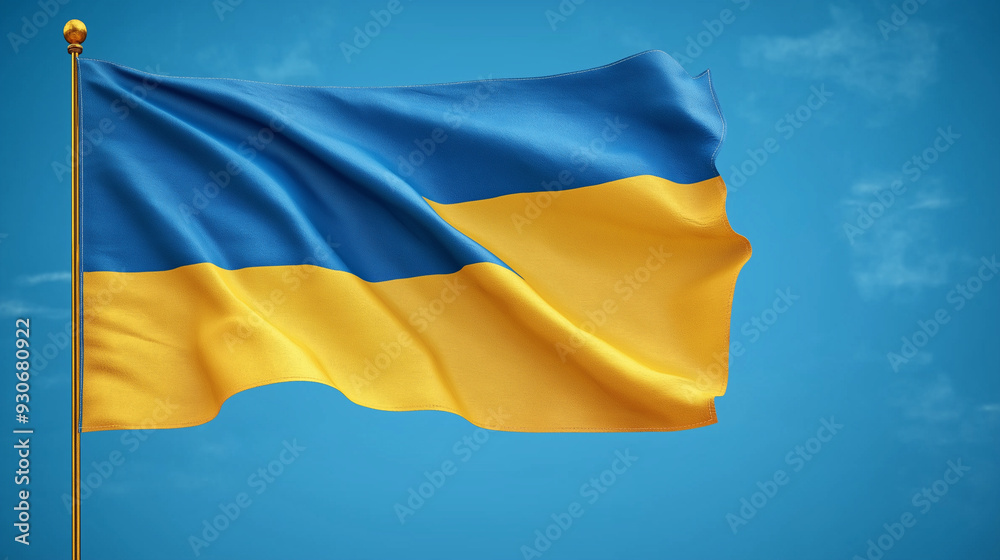 Ukrainian flag waving in the wind, with a backdrop of a clear blue sky ...