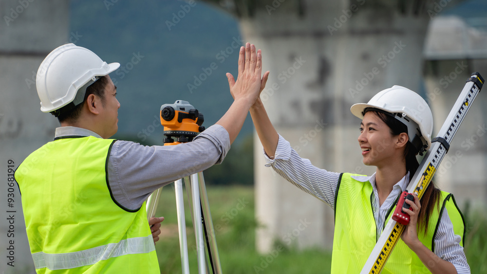 Survey team is working with a theodolite and road construction plans ...