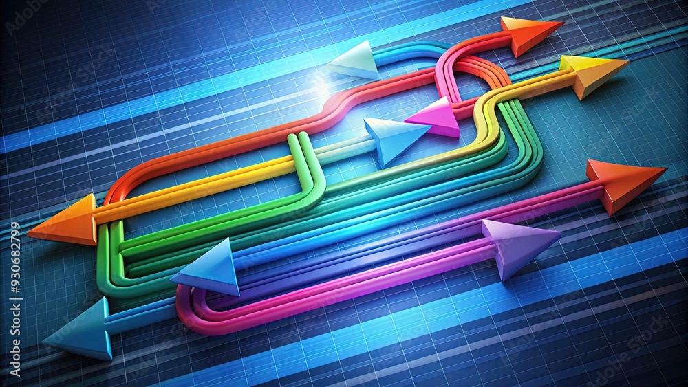 Digital illustration of workflow concept with colorful arrows and lines ...