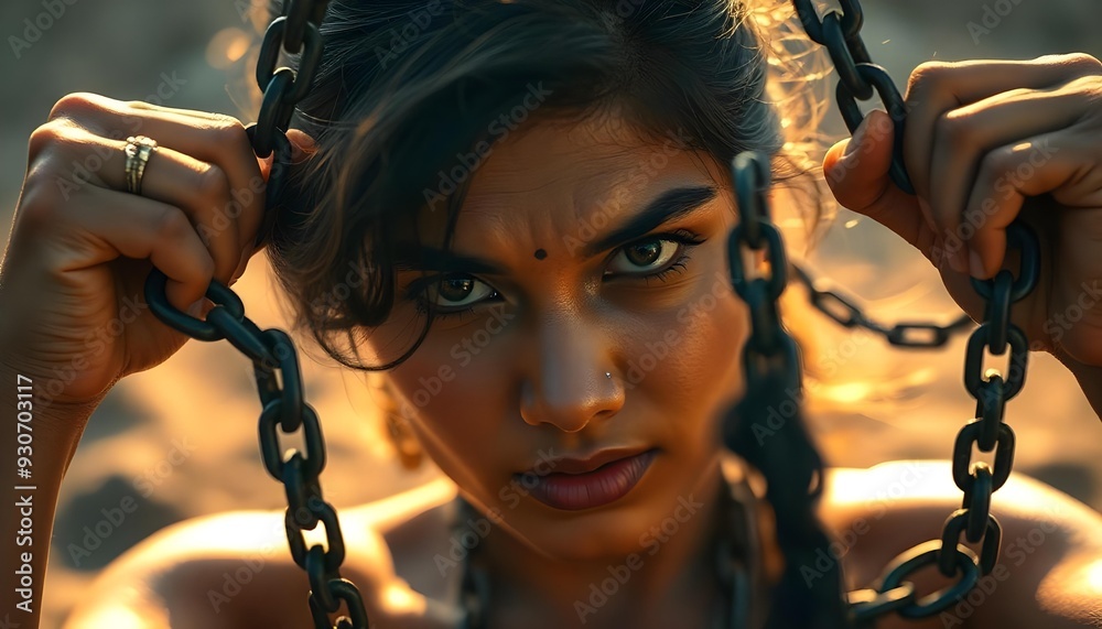 A woman breaking free from dark, heavy chains, her eyes shining with ...
