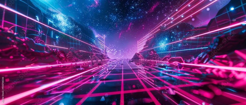 AI-generated retro synthwave art with bold neon hues and a laser grid ...