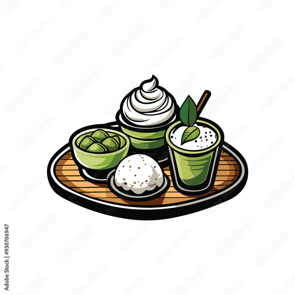 Create a stylized vector drawing of a matcha dessert set, including a ...