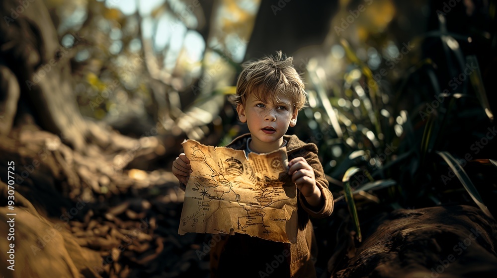 Child explorer holding vintage map treasure hunt adventure in nature ...