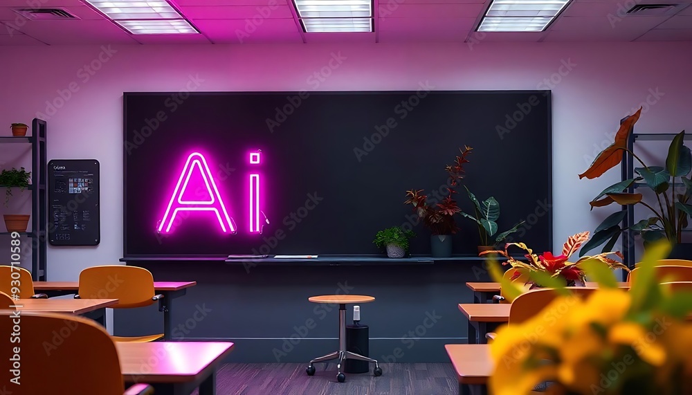 neon sign displaying the letters AI on a black board in class in a ...