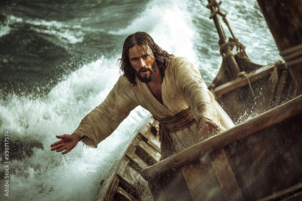 Jesus in the boat is praying inspiredly for the end of the storm, the ...