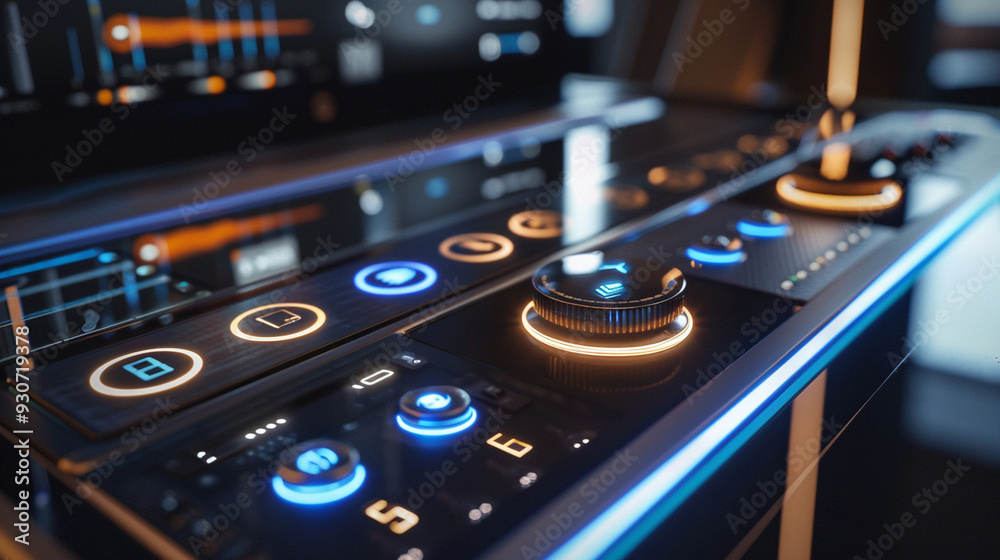 Detailed view of a futuristic smart home control panel, with sleek buttons and a digital screen ...