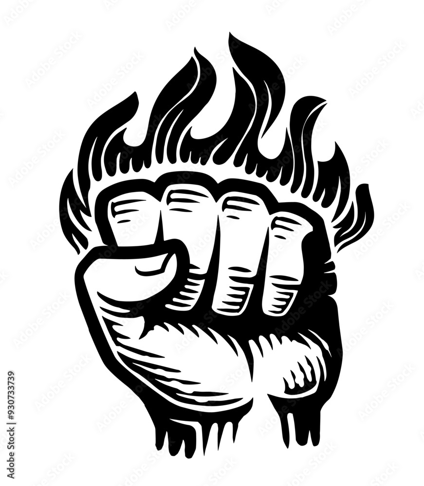 Flaming fiery fist emblem. Strong punch symbol. Hand drawn black and ...