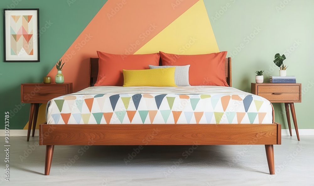 Teak bed frame in a midcentury modern bedroom with bold colors and ...