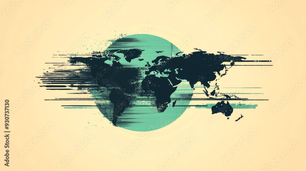 World map with a digital and glitch effect, merging traditional ...