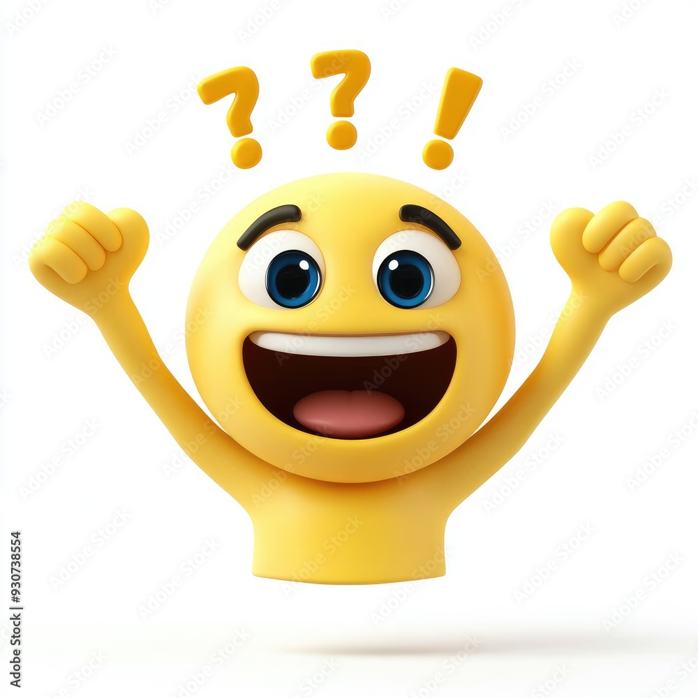 Ecstatic 3D emoji with raised hands and exclamation marks in vibrant ...