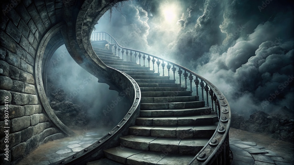 Ominous stone staircase spiraling downwards, shrouded in eerie mist ...