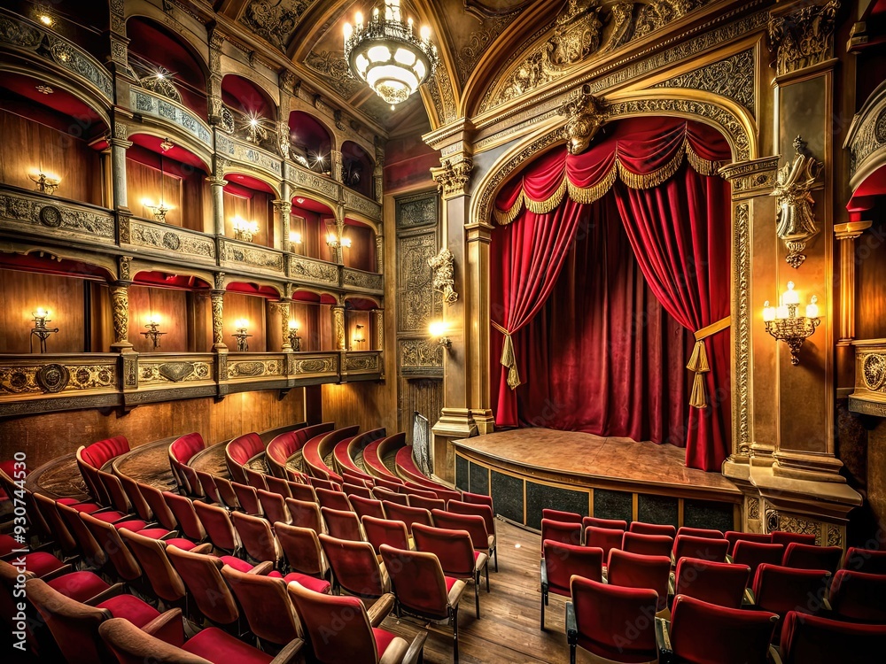 Ornate, dimly lit vintage theater interior with red velvet curtains ...