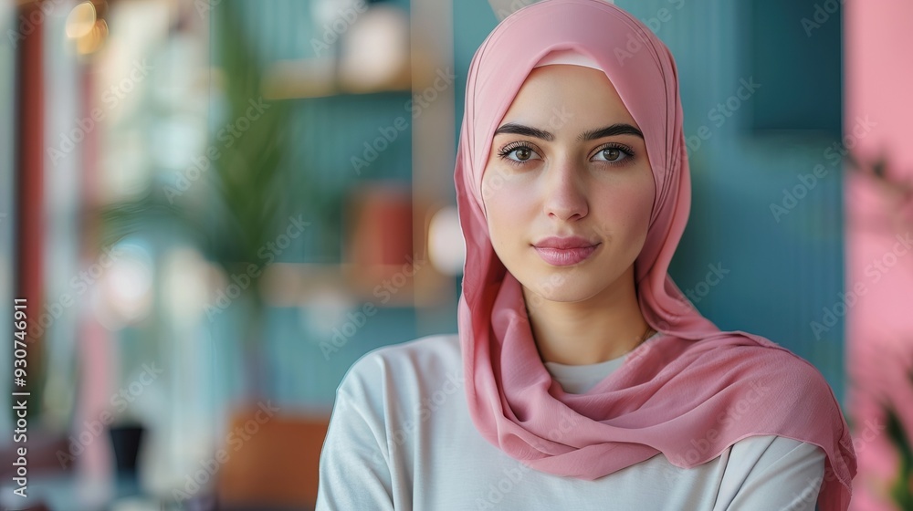 Hijab woman gen z model wearing tshirt looking at camera standing on ...