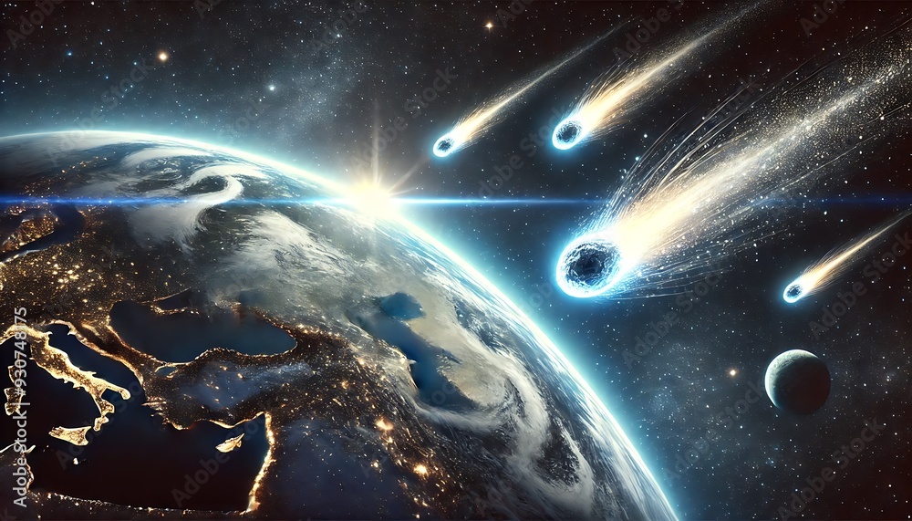 illustration of three icy comets passing by planet Earth. The comets ...