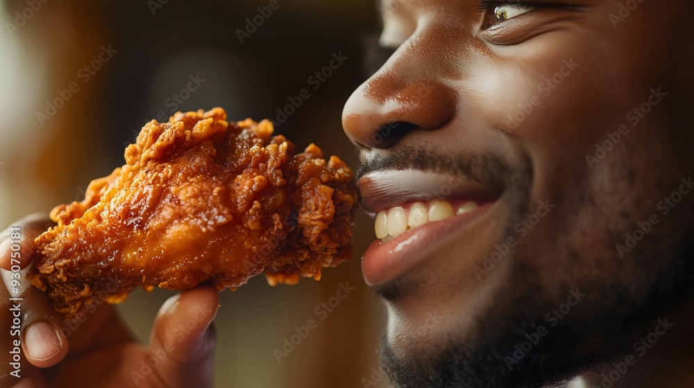 African American black hungry man eating biting crispy fried chicken ...