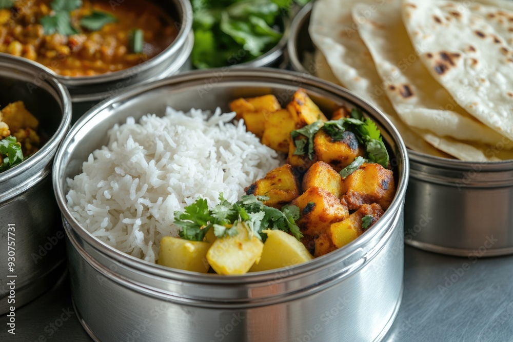 Tiffin Box - Traditional Indian Steel Lunch Carrier with North Indian ...